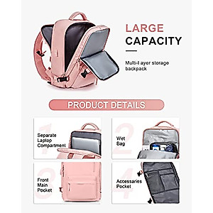 Carry On Backpack for Women, Large Travel Backpack Flight Approved, Waterproof 17 Inch Laptop Backpack Business Work Backpacks Men Mochila De Viaje, Pink