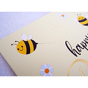 Birthday Card - Single Happy Bee Day Birthday Greeting Card For Bee Themed Party - Gold Foil Bees and Lettering on Yellow Textured Paper with Kraft Envelope - 5" x 7" - Blank Inside