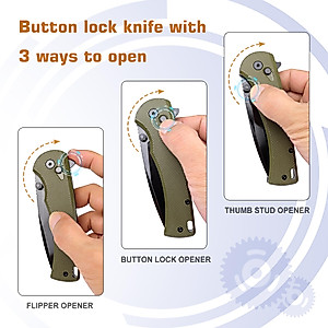 XTOUC Folding Knife EDC Pocket Knife: Button Lock 14C28N Blade Lightweight G10 Handle Camping Knives-Outdoor Hiking for Men SX602