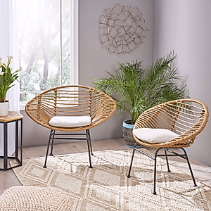 Christopher Knight Home Aleah Indoor Woven Faux Rattan Chairs with Cushions (Set of 2), Light Brown and Beige Finish