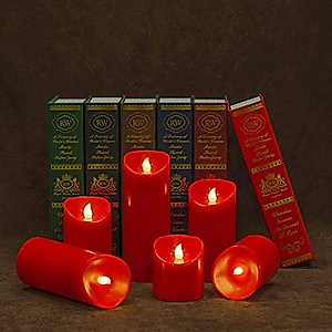 Urchoice Red Flameless Candles Battery Operated Pillar Real Wax Realistic Flickering Electric LED Candle(D 3" x H 3" 4" 5" 6" 7" 8") Set of 6, with 10-Key Remote and Cycling 24 Hours Timer