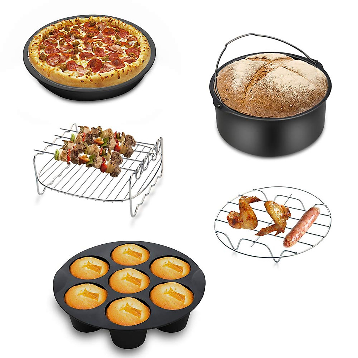 Air Fryer Accessories 9PCS for Gowise Gourmia Cozyna Ninja Air Fryer, Fit all 3.7QT - 5.8QT Power Deep Hot Air Fryer with 7 Inch Cake Barrel, Pizza Pan, Cupcake Pan, Oven Mitts, Skewer Rack,