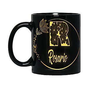Coffee Mug Personalized Rosario Name & Initial Letter Monogram Floral Alphabet Mug Golden Flowers Custom Black Coffee Cup, Gift for Her Mom Coworker Sister, Wife, Girl 11oz Black Mug 547676