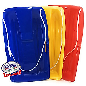 Matty's Toy Stop 26" Heavy Duty Plastic Snow Sled Toboggan with Tow Rope for Kids Red, Yellow & Blue Gift Set Bundle - 3 Pack
