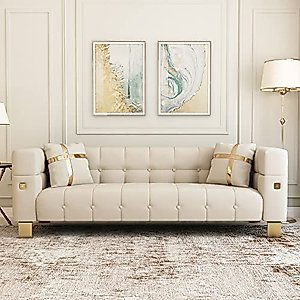 Hommoo Mid Century Modern Sofa for Living Room Velvet Sofa Small Couch for Small Space Chesterfield Sofa Couch with Gold Legs for Apartment Bedroom Office with Pillows 89" Beige…