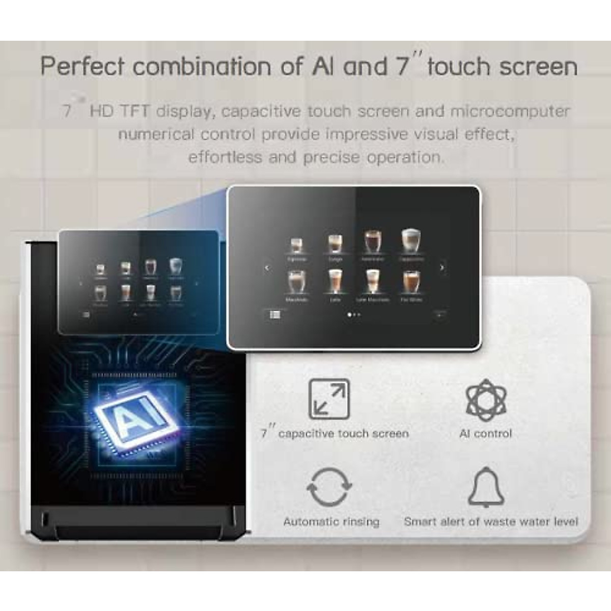 Epsilon Espresso Machine, Coffee Maker comes w/ 11 Brew Selections, 7 Inch AI Touchscreen and Italian, Self-Cleaning Exspresso Barista Brewer