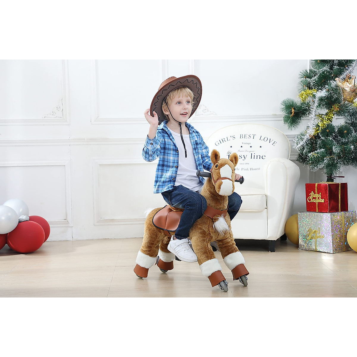Ride On Horse Natural Mechanical Kids Real Walking Horse Small Unicorn Horse Toddlers Plush Pony Riding Horse for Age 3-6 (Brown, 3-6Years)