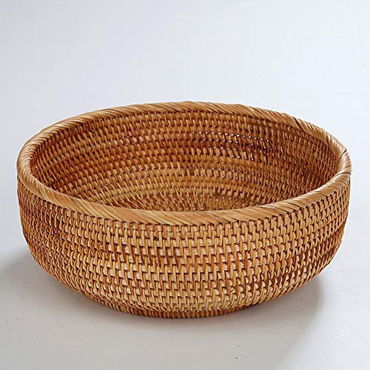 AMOLOLO Hadewoven Round Rattan Fruit Basket Wicker Food Tray Weaving Storage Holder Dinning Room Bowl, 10 Inch Woven Bread Basket Key Bowls with 4”Wall for Table, Countertop (Large 9.8")