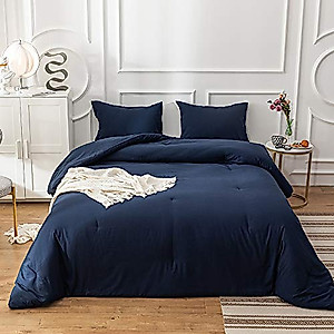 Cottonight Navy Blue Comforter Queen Set Dark Blue Bedding Comforter Set Full Solid Navy Blanket Quilts Men women Boys Cotton Breathable Soft Navy Blue Comforter with 2 Pillowcases