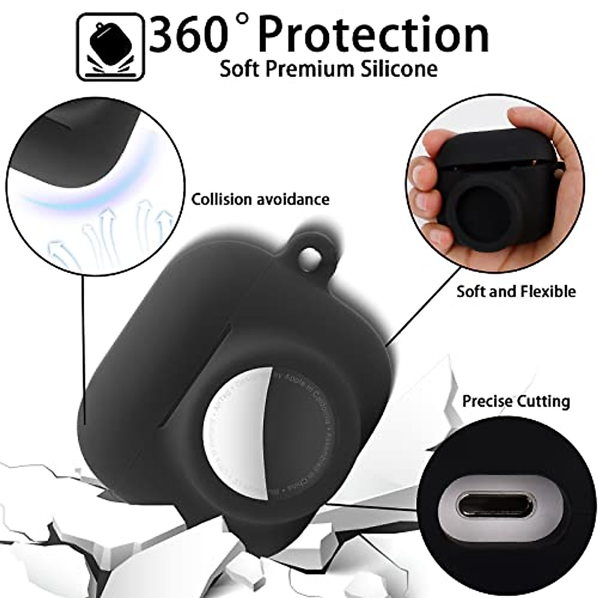 2 in 1 Protective Case Combo Set Compatible for Apple AirPods 3(2021) AirTag, GPS Tracker Holder with 2 PCS TPU Screen Protector&Keychain, Soft Silicone Anti-Lost Anti-Scratch Skin Cover(Black)