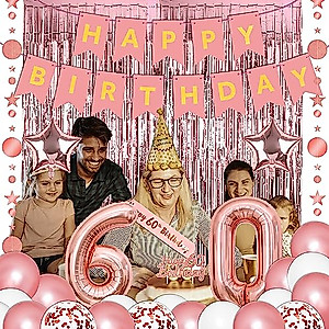 Yawagor 29 Pieces Rose Gold 60th Birthday Decorations for Women, Happy Birthday Decor Set-60th Birthday Anniversary Foil Balloons, Sash, Cake Topper, Fringe Curtains for Home Indoor Party Supplies