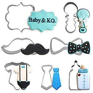 Little Man Themed Cookie Cutter Set Stainless Steel Mustache Bow Tie Neck Onesie Rattle Baby Bottle Photo Plaques Dough Fondant Biscuit Molds for Baby Shower