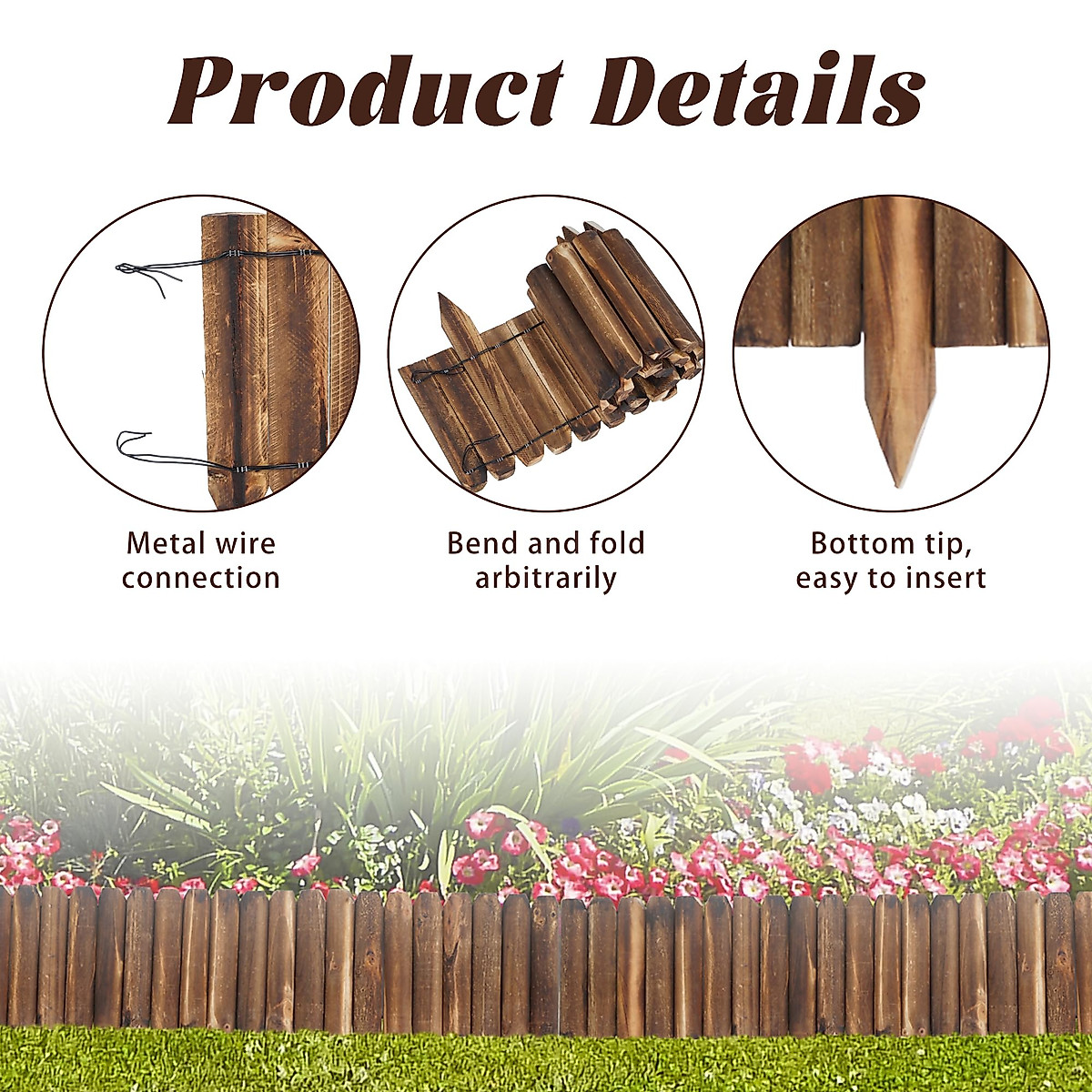 Gtouse Wooden Edging Fence, Garden Fencing Edging Border, Landscape Lawn Edging Border Anti-Corrosive Outdoor for Patio Yard Flower Tree Fence Decoration (9.8in × 3.9ft)