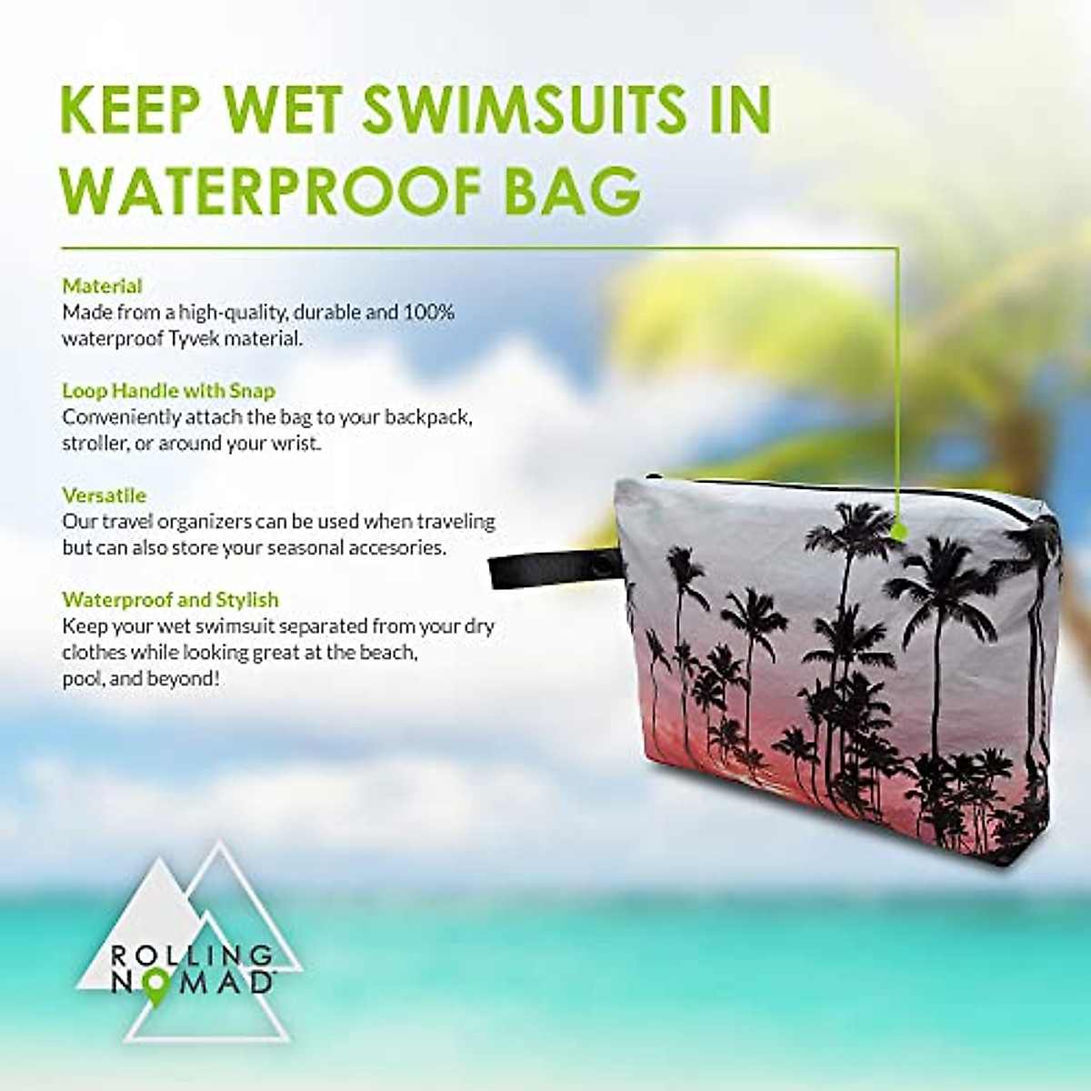 Rolling Nomad Tyvek Zippered Pouch, Wet Bikini Bag, Travel, Toiletry, Pool, Beach Essential, Waterproof, Summer Must Haves, 11.5x8.5x2 (Medium)