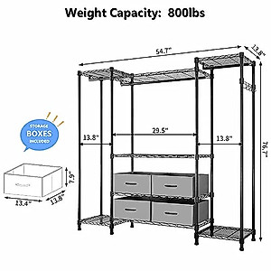 Wekity Wire Garment Rack Heavy Duty Clothes Rack，Closet Organizer Metal Garment Rack Portable Clothes Hanger Home Shelf Fabric Drawers，Freestanding Closet Wardrobe (Black)