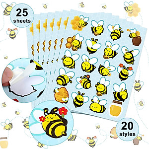 500 Pieces Bee Theme Stickers for Kids Classroom Decoration Cute Honey Bee Theme Stickers Summer Waterproof Bee Theme Stickers for Teachers for Summer Bee Theme Party Classroom Supplies, 20 Styles