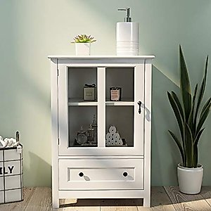 Knocbel Modern Storage Cabinet with Metal Handles, Single Glass Door, Compartments and Drawer, Buffet Sideboard for Kitchen Dining Room Hallway Entryway, 22" L x 14.4" W x 31.7" H (White)