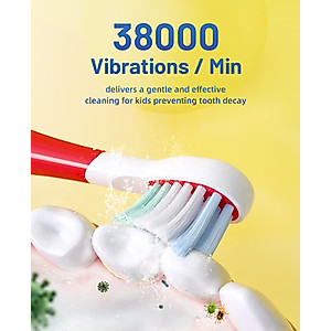 JTF Kids Electric Toothbrush-for Ages 3-12, Rechargeable Electric Toothbrushes, Wireless Fast Charge & Long Battery Lasting for 60 Days,with Smart Timer 3 Modes & 2 Kids Size Brush Heads, Red…