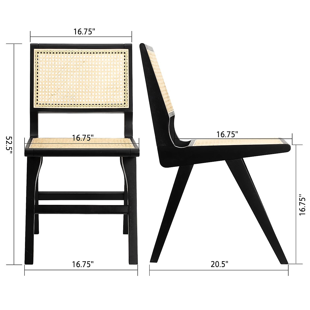Accent Chair Dining Chairs Set of 2, Solid Wood Frame Boho Rattan Chair, Mid Century Modern Accent Chairs for Living Room Bedroom Dining Room Kitchen(Black)