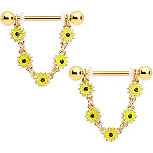 Body Candy 14G Womens Nipplerings Piercing PVD Steel 2Pc Yellow Sunflower Dangle Nipple Ring Set 3/4"