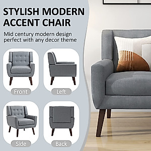UIXE Comfy Arm Accent Chairs for Bedroom, Mid Century Modern Armchair Living Room Sofa Chair with Wooden Legs, Linen Fabric Button Tufted Upholstered Reading Chair for Home Office (Gray)