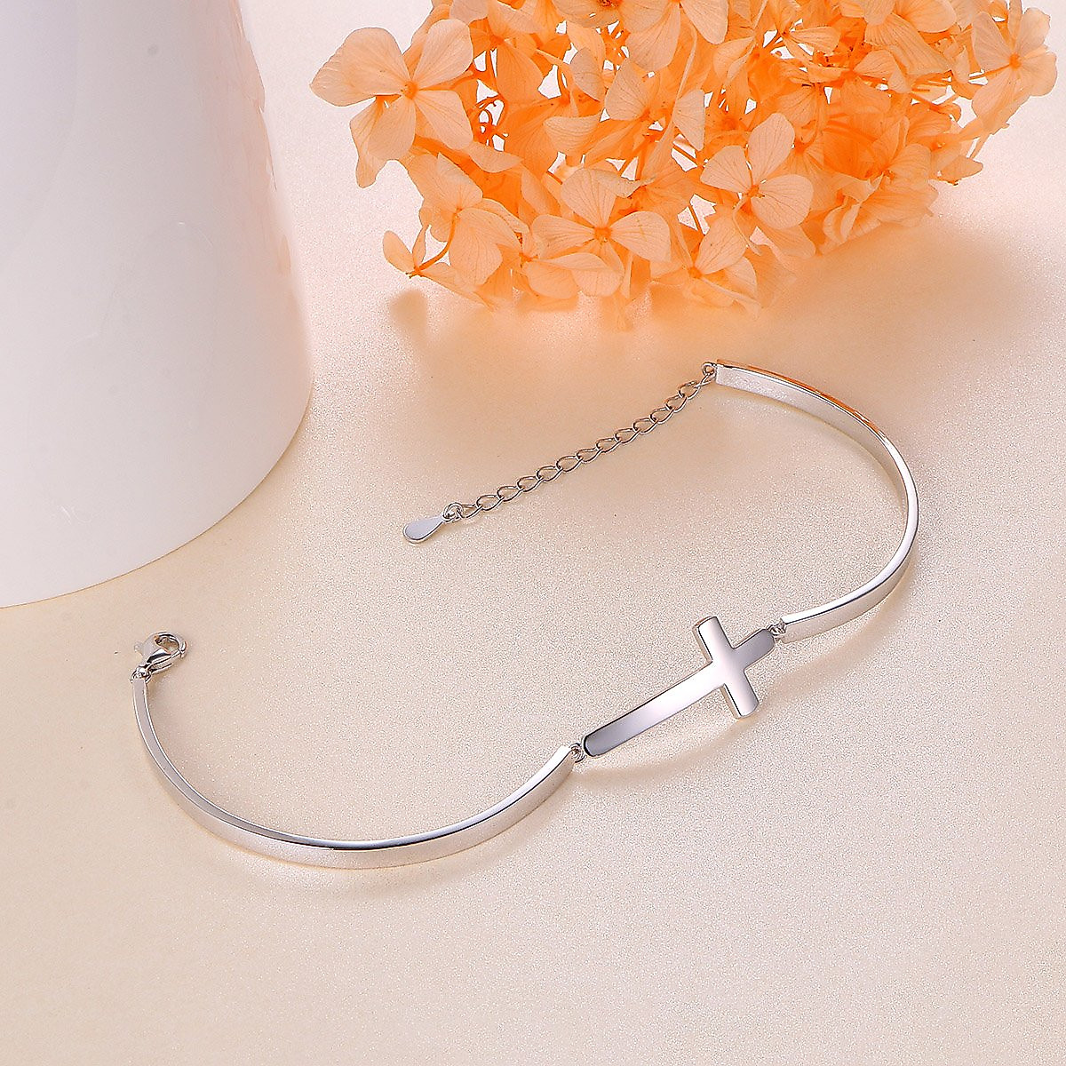 DAOCHONG S925 Sterling Silver Sideways Pure Cross Communion Baptism Adjustable Cuff Bangle Bracelets for Women