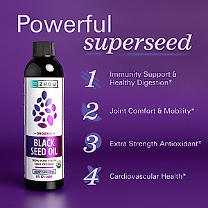Zhou Organic Black Seed Oil | 100% Virgin Cold Pressed Omega 3 6 9 | Super Antioxidant for Immune Support, Joints, Digestion, Hair & Skin | Vegan, Gluten-Free, Non-GMO | 8oz