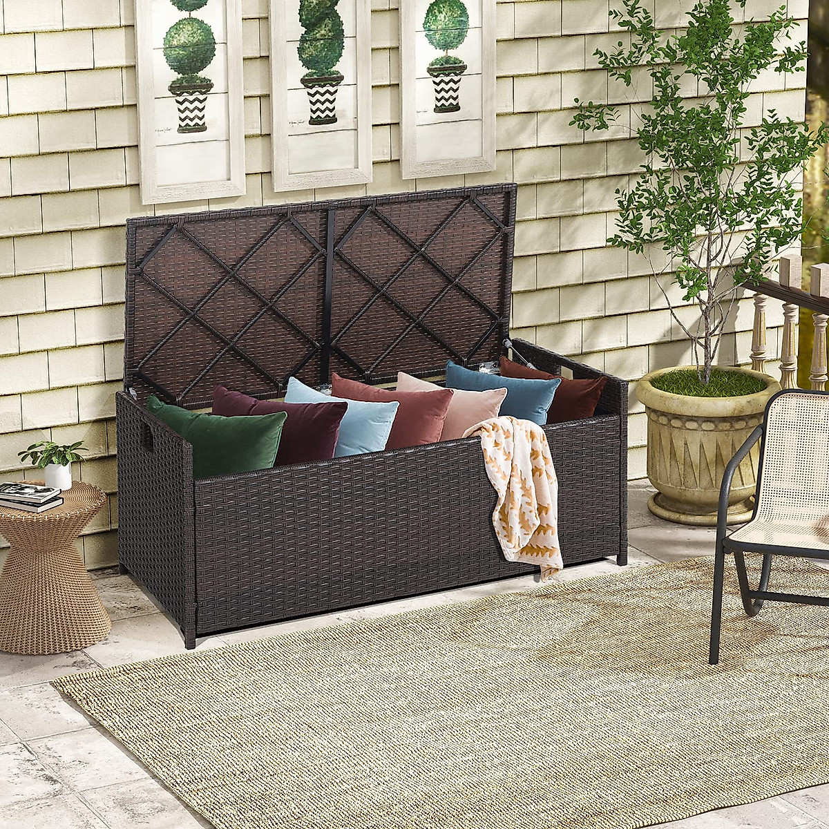 HAPPYGRILL 34 Gallon Patio Storage Bench Deck Box, 3-in-1 Rattan Wicker Storage Box with Seat Cushion & Zippered Protective Liner, Effort-Saving Gas Strut