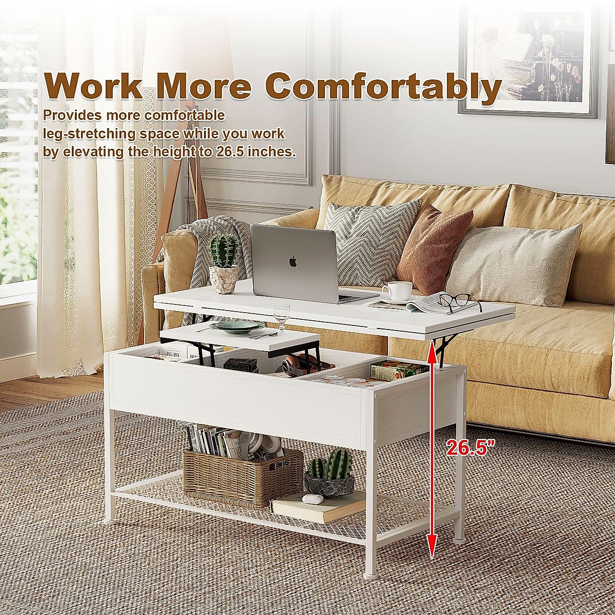 cosimates Lift Top Coffee Table ，4 in 1 Multi-Function Coffee Table with Hidden Compartment ，Convertible Dining Table for Living Room Reception,Home Office, White