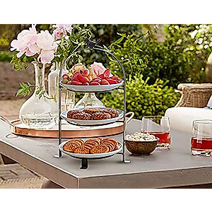 SparkWorks 3 Tiered Cake Stand, Tea Party Serving Platter, Dessert and Cupcake Stand, Metal Tiered Serving Stand Includes Three Premium White Stoneware Plates