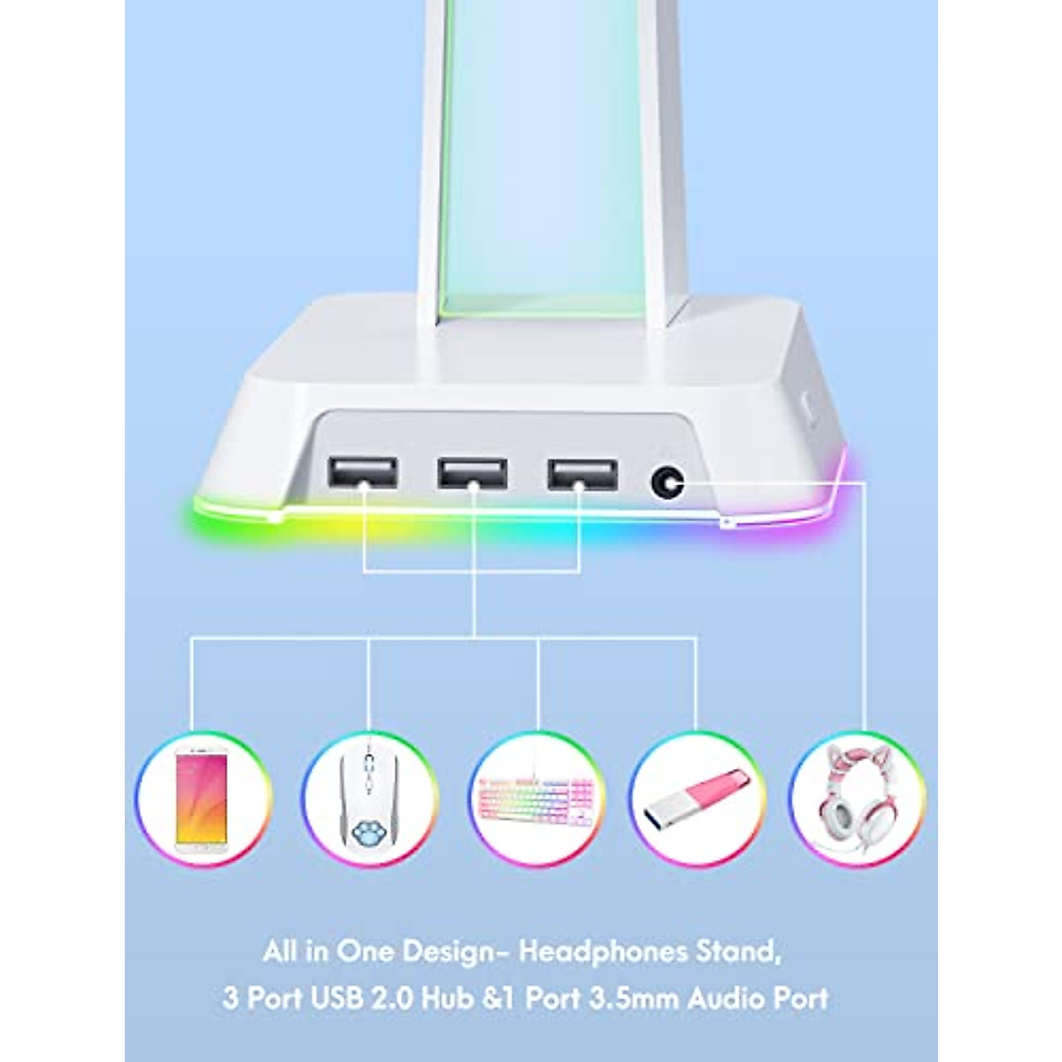 PHNIXGAM RGB Headphone Stand with 3.5mm AUX and 3 Port USB 2.0 Hub, Universal Gaming Headset Hanger Holder for Computer Gaming Gamer Accessories (White)