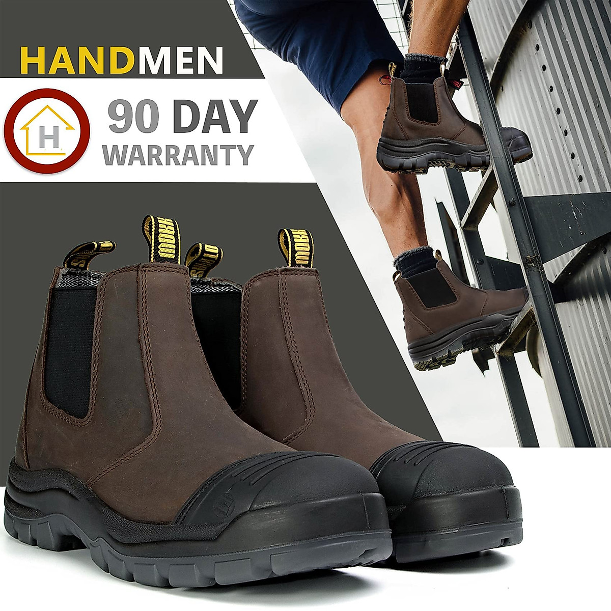 HANDMEN Work Boots for Men, Soft Toe Waterproof Working Boots, Slip Resistant Anti-Static Slip-on Safety Working Shoes 9 10 11 12 13 (COF/802EE, 11.5)
