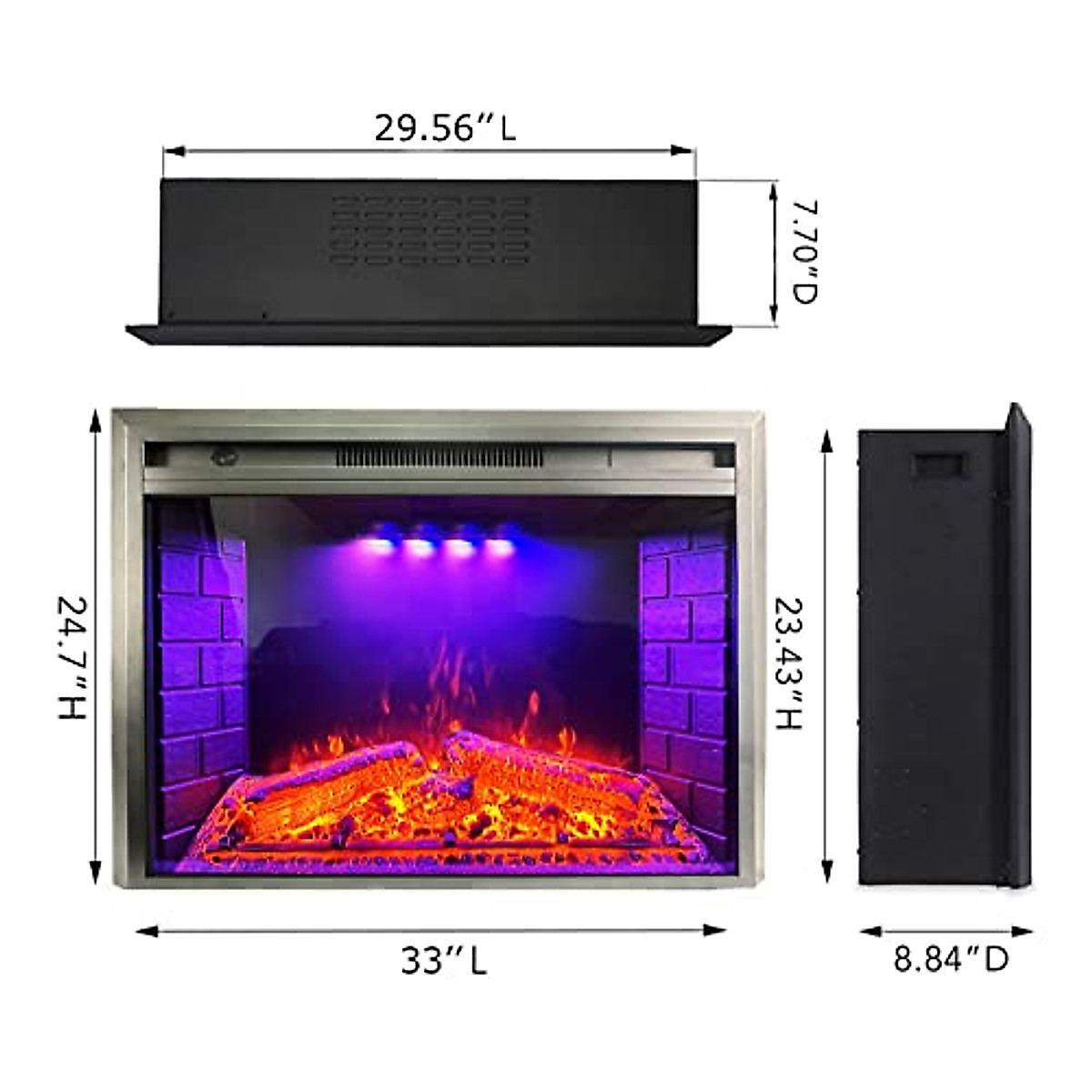 33 inch Electric Fireplace Insert, Heater with Overheating Protection, Tempered Glass, Recessed Mounted with Fire Crackling Sound, Remote Control, 750/1500W, Black