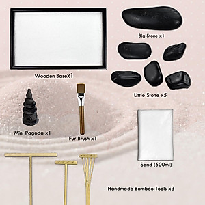Artcome Japanese Zen Sand Garden for Desk with Rake, Stand, Rocks and Mini Furnishing Articles - Office Table Accessories, Mini Zen Sand Garden Kit - Meditation Gifts