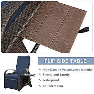 Skypatio Outdoor Recliner Chair, Independently Adjustable Backrest and Footrest All-Weather Wicker Patio Reclining Lounge Chair with Flip Side Table, Navy Blue