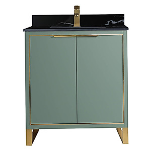 Fine Fixtures Opulence Collection 30 in. W x 18 in. D x 33 in. H Bathroom Vanity in Mint Green with Black Marble Sintered Stone Sink - Satin Brass Hardware