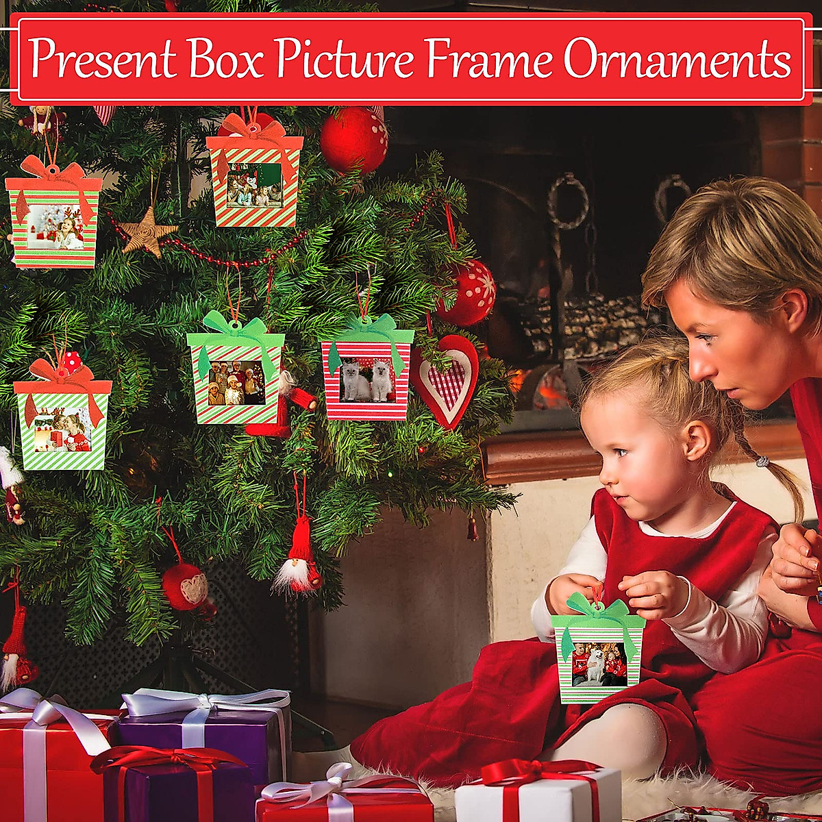 Irenare 24 Pcs Felt Christmas Photo Ornament Photo Frames with Bow Christmas Hanging Picture Frame Tree Decoration for DIY Christmas Tree Stockings Holiday Presents(Classic Style)