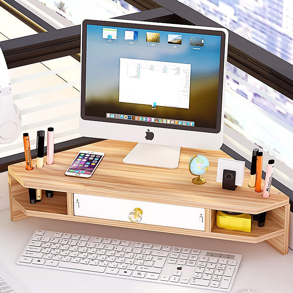 Triangle Monitor Riser,Corner Computer Monitor Stand with Drawer,Wooden Triangle Save Space Desktop Computer Stand with Office Organization,Desktop Corner Shelf with Drawers Wooden Laptop Stand Riser