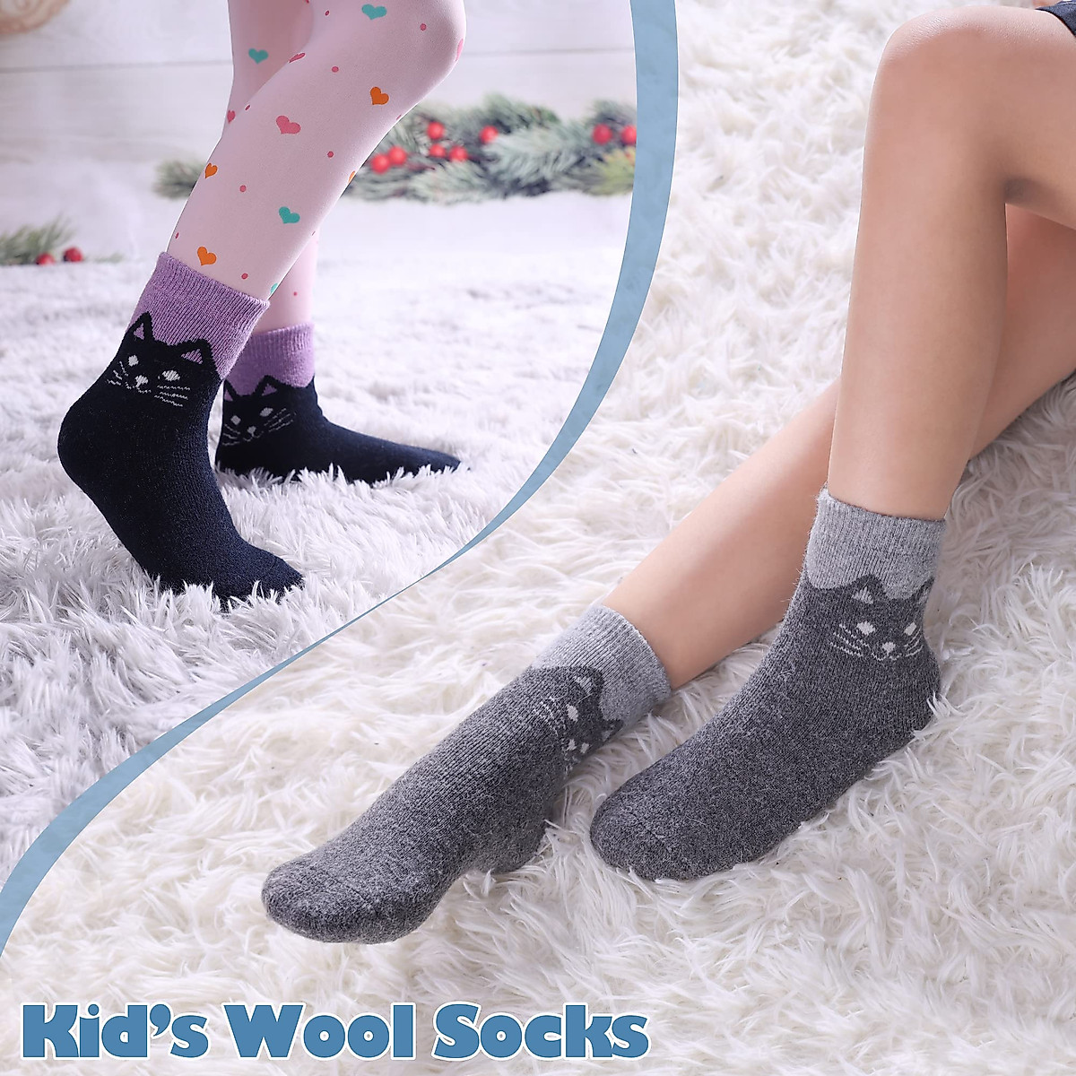 LANLEO Kids Wool Socks For Toddlers Boys Girls Hiking Winter Warm Cozy Thick Heavy Thermal Crew Boot Socks 6 Pairs Cat,8-12 Year Old