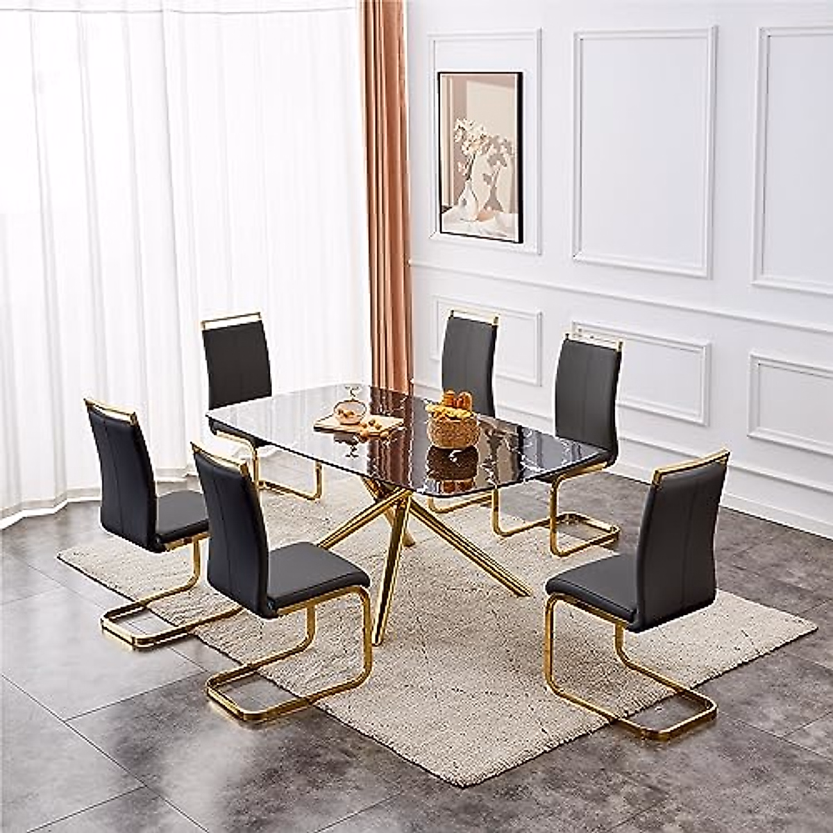 Baysitone Rectangular Glass Dining Table Set for 6, 71 inch Black Marble Polishing Dining Table with 4 Golden Coated Metal Legs, PU Faux Leather Chairs with Golden Metal Legs for Kitchen, Dark Gray