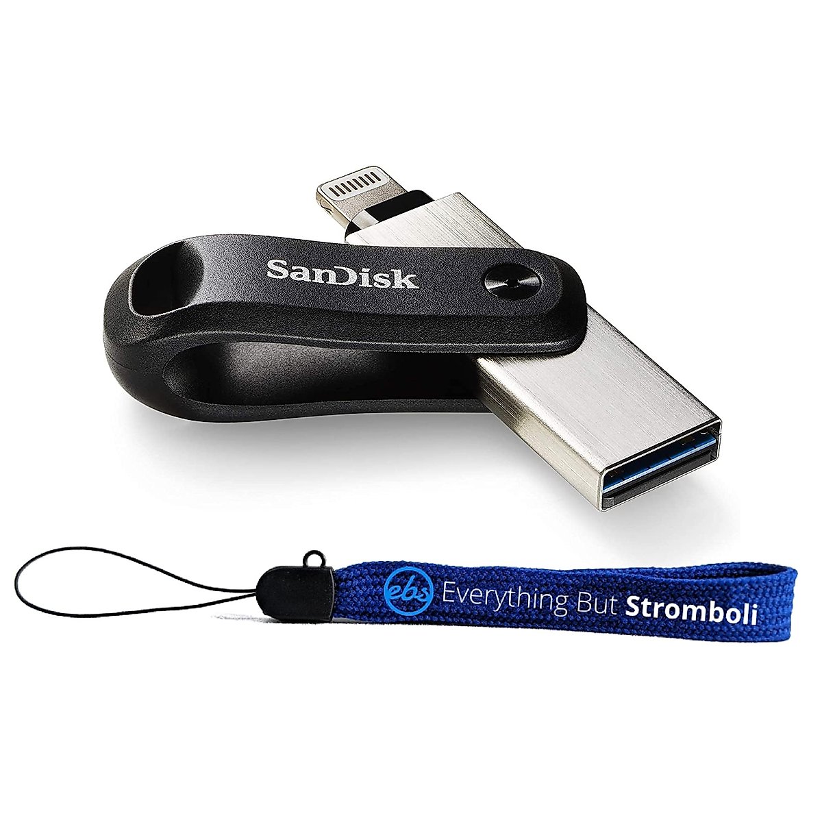 SanDisk 256GB iXpand Flash Drive Go for iPhone, iPad, Computer, Laptop - USB 3.0 Dual Drive with Reversible Lightning/TypeA Connectors SDIX60N-256G-GN6NE Bundle with 1 Everything But Stromboli Lanyard