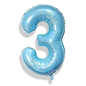 3rd Birthday Number Balloons for Kids, 40 Inch Foil Number 3 Balloons, Pastel Blue Large Self Inflating Number Balloons for Boys Men 30th Birthday Party Anniversary Party Decoration Supplies