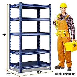 REIBII 72" Garage Shelving Heavy Duty Garage Storage Shelves Load 1700LBS Adjustable Heavy Duty Shelving 5 Tier Metal Shelving for Storage Industrial Shelving 31.9" W x 17.1" D x 72" H Blue 2 Pack