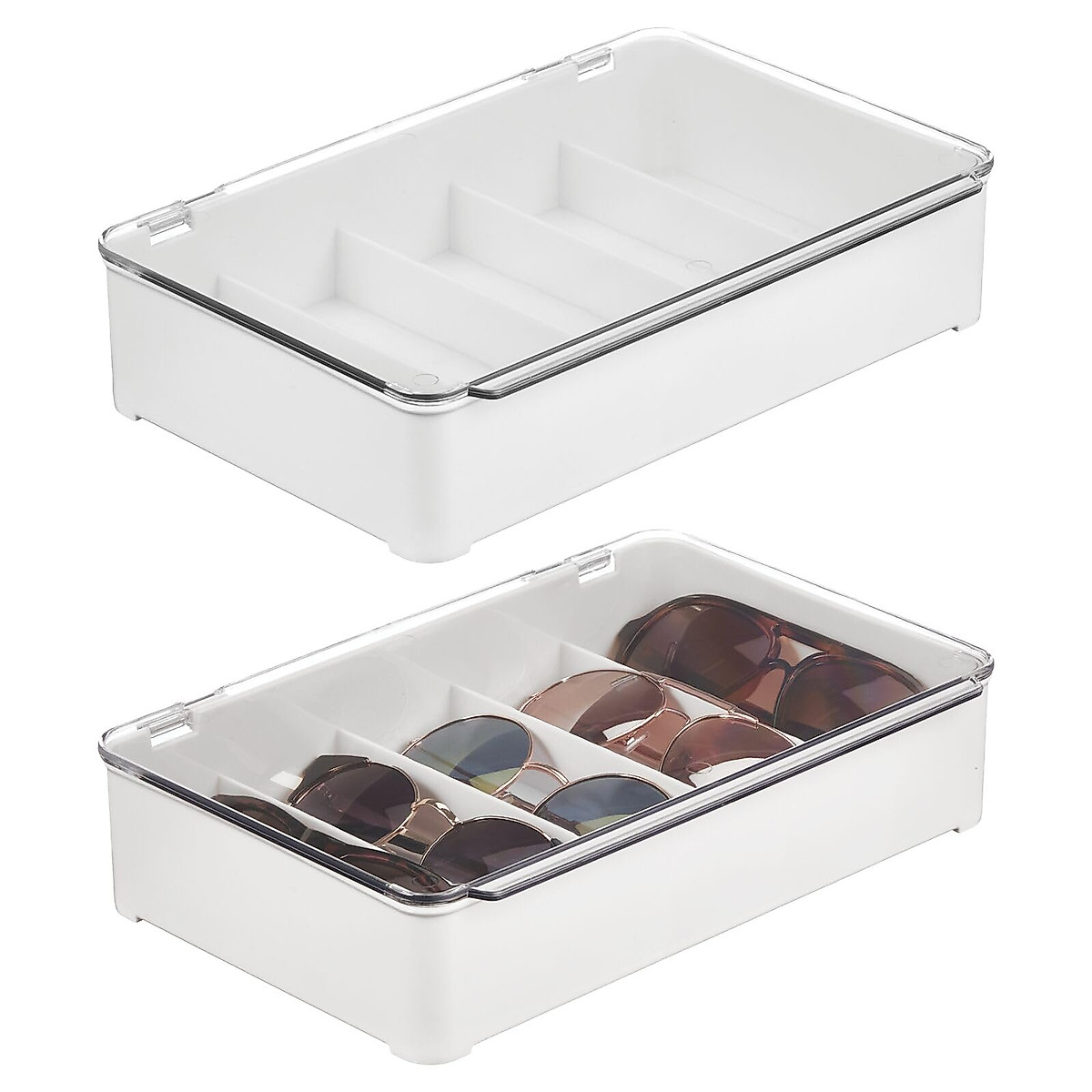 mDesign Plastic Stackable Eyeglass Case Storage Organizer with Hinged Lid for Unisex Sunglasses, Reading Glasses, Fashion Eye Wear, Protective Glasses, 5 Sections, Ligne Collection - 2 Pack - White