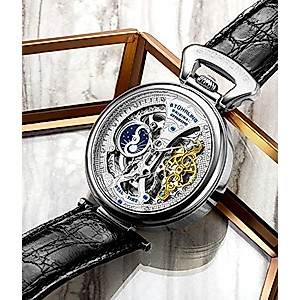 Stührling Original Mens Skeleton Watch Dial Automatic Watch with Calfskin Leather Band and - Dual Time, AM/PM Sun Moon