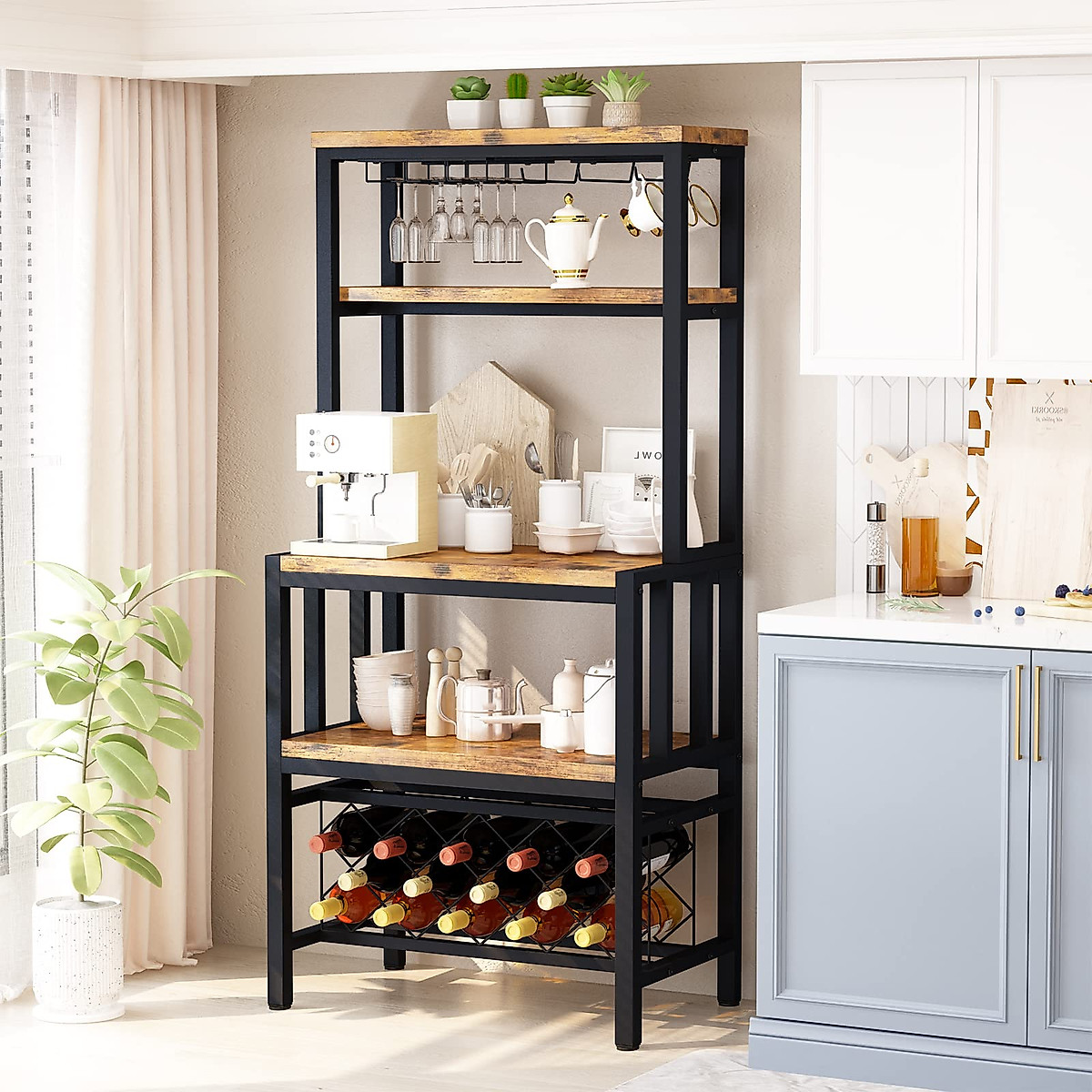 Recaceik Wine Rack Freestanding Floor, Kitchen Organizers and Storage with Wine Bottle Holder Glass Holder, Multi-Function Bakers Rack Home Coffee Wine Bar Cabinet, Rustic Brown