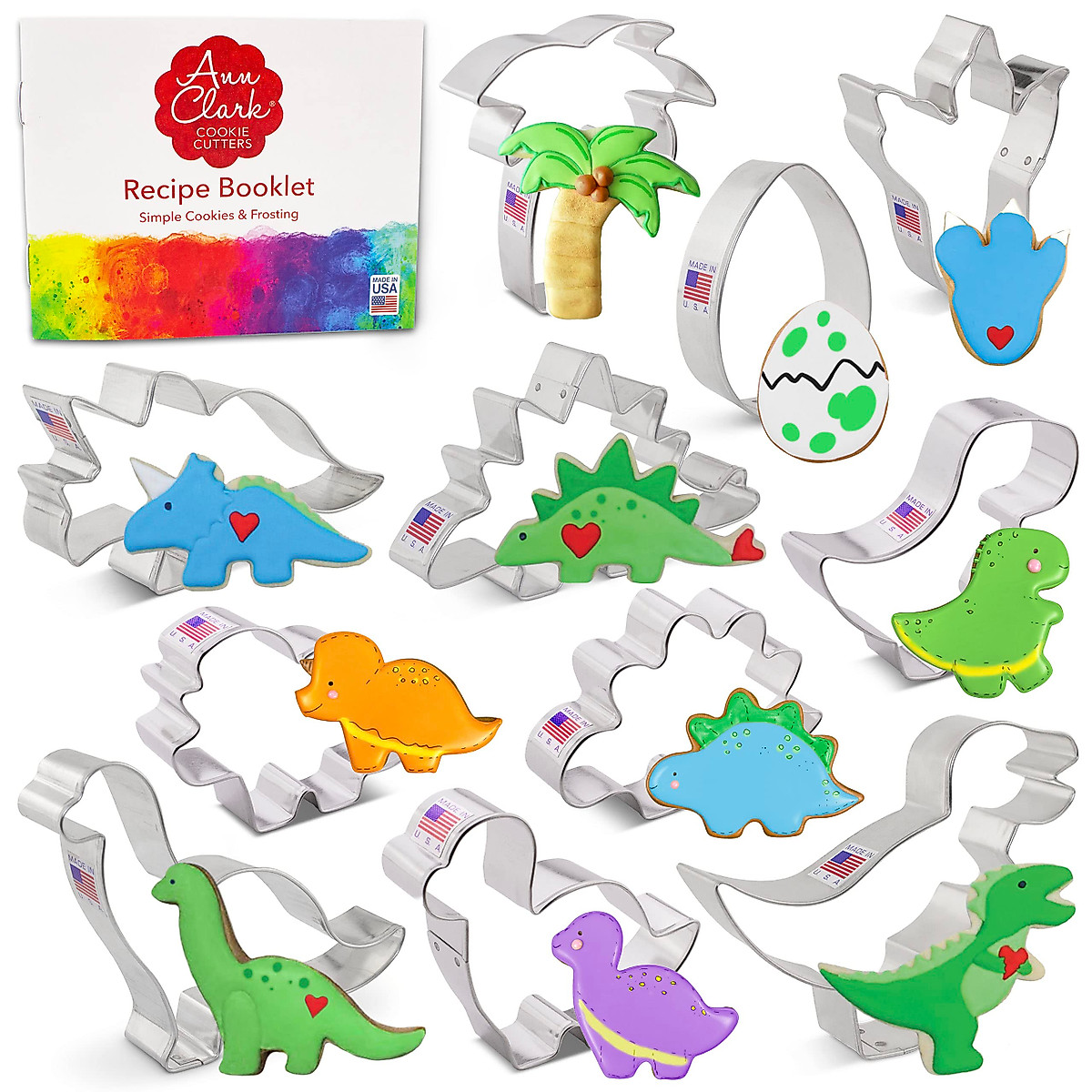 Dinosaur Cookie Cutters 11-Pc. Set Made in USA by Ann Clark, T-Rex, Triceratops, Brontosaurus, Dinosaur Foot, Dino Egg, and more