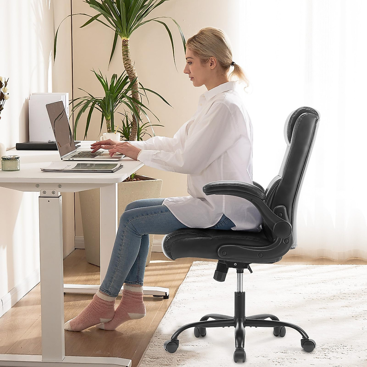 Sweetcrispy Ergonomic Executive Office Chair: Mid Back Desk Chair with Wheels Computer Chair with Lumbar Support Height Adjustable PU Leather Office Chair Flip up Arms, Black