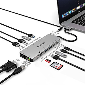 EZQuest USB C Hub 13 in 2 with 2 HDMI 4K, VGA, 1GBS Ethernet, 2USB A 3.0 Ports, 2 USB A 2.0 Ports, SD/Mico SD and Audio Port for Work and Travel - for MacBook Pro & Air