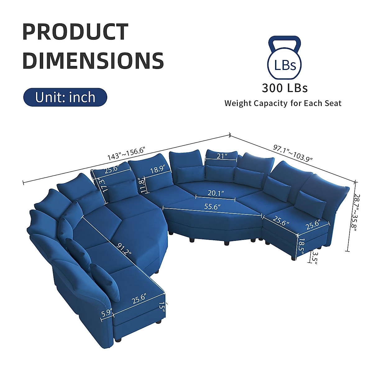 LLappuil Sectional Sofa Convertible U Shaped High Back Modular Couch with Storage Wide Chaise 10 Seat Comfy Modular Sectional Couch Scratch Resistant Easy Clean for Living Room, Blue